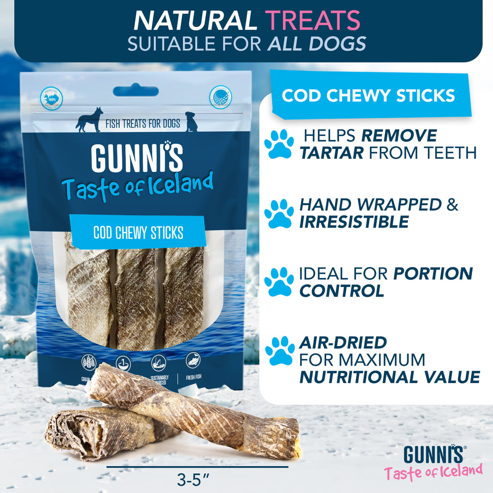 Gunni;s Natural Fish Skin Chews For Dogs - 3 Cod Chewy Sticks 85g – The ...